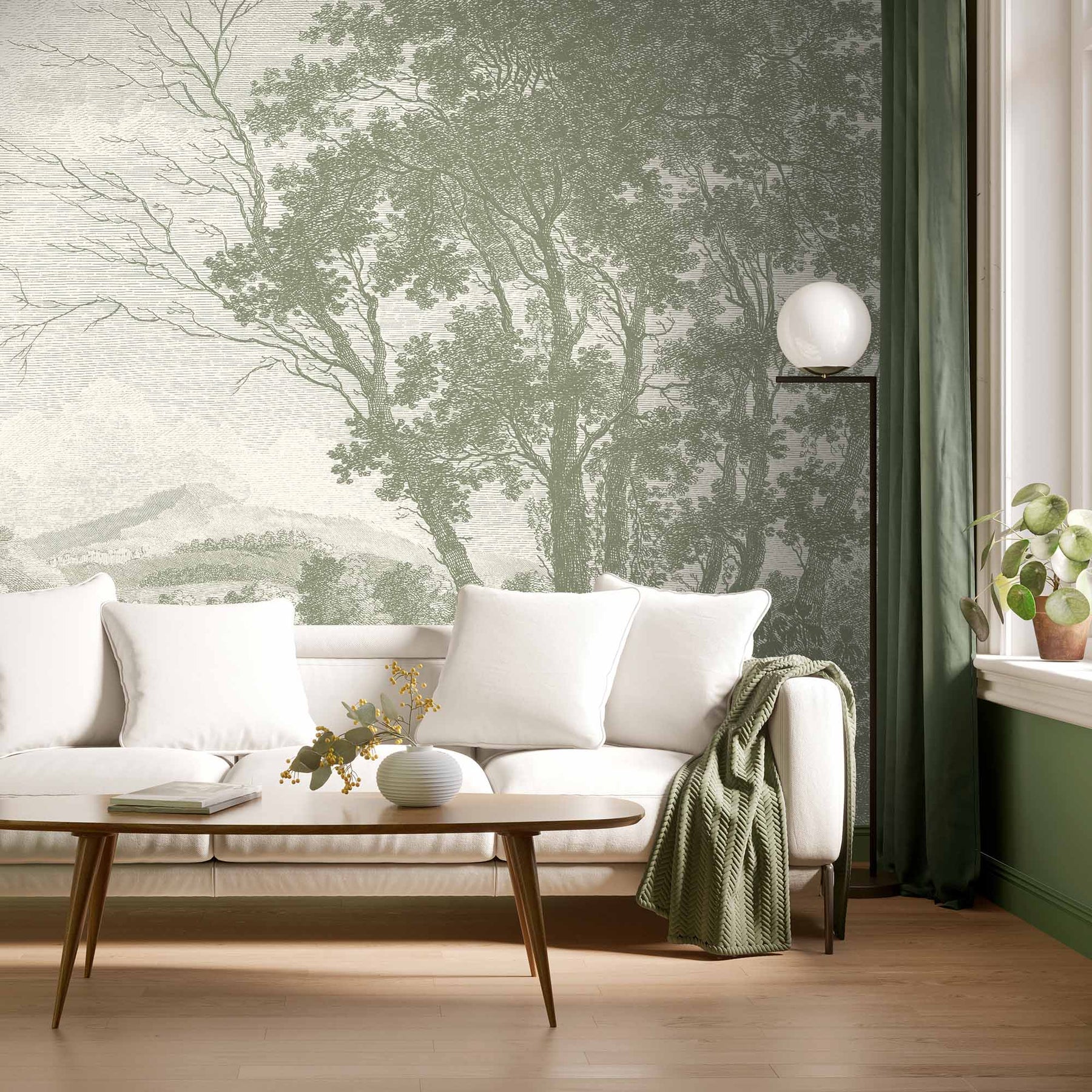 Peaceful Countryside Green Ready Made Mural By Woodchip & Magnolia
