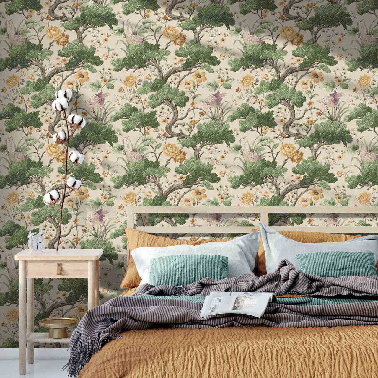 Crane Bird Buttercup Yellow/Cream Wallpaper – Chinoiserie, Botanical ...