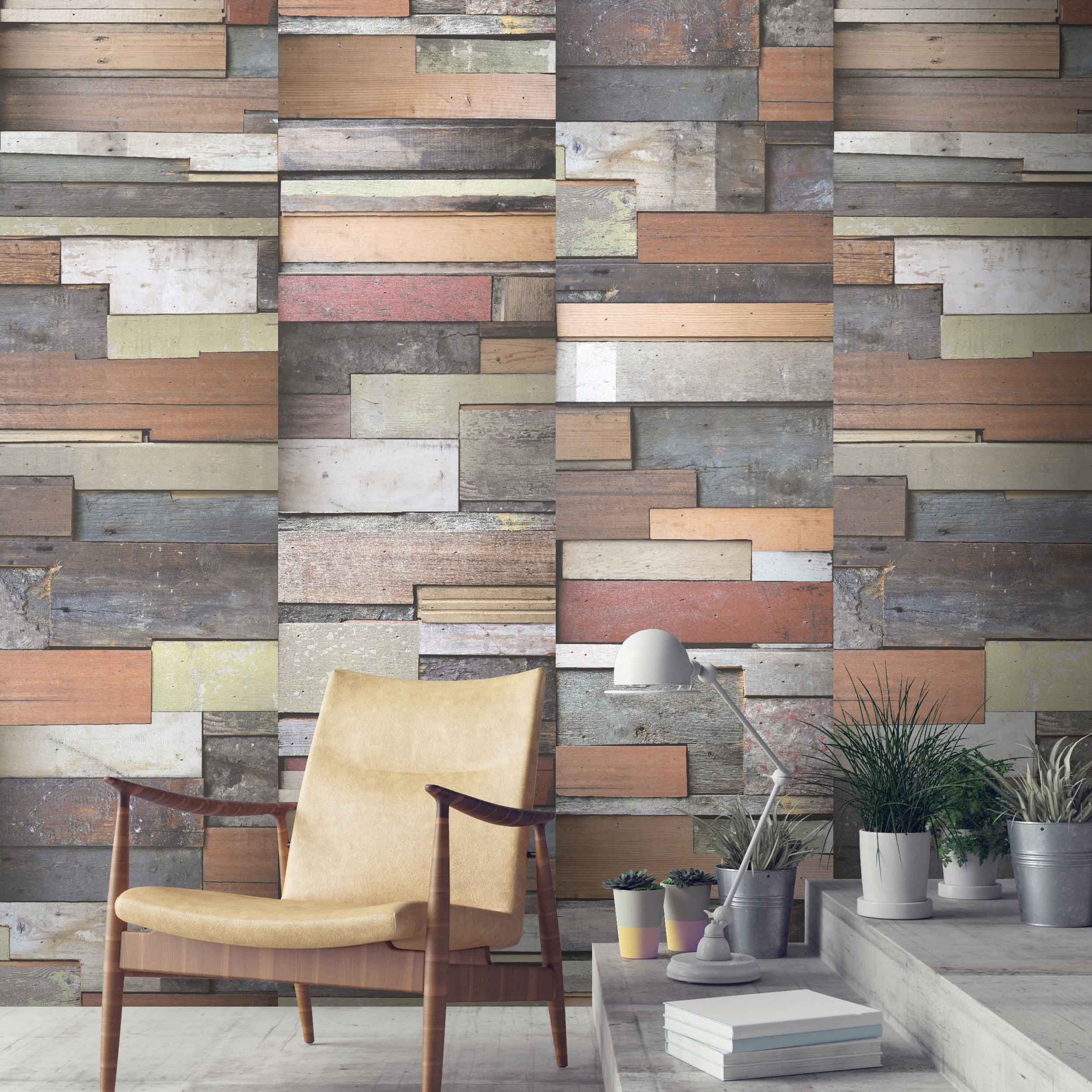 Reclaimed Wood Wallpaper – Geometric, Multicoloured, Paste-the-Wall ...