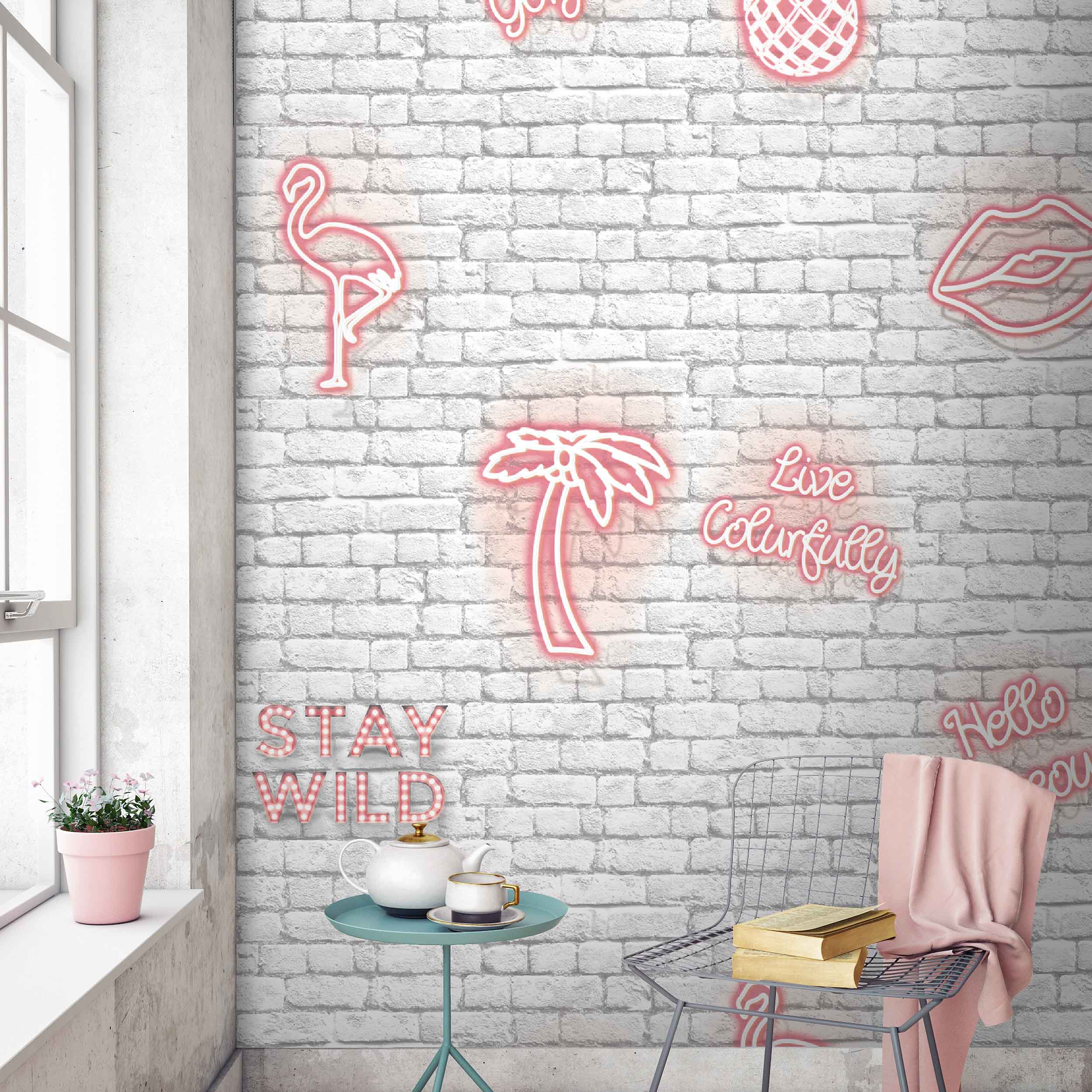 Stay Wild Pink Neon Wallpaper – Faux Brick, Pastel Pink, Paste-the-Wall ...