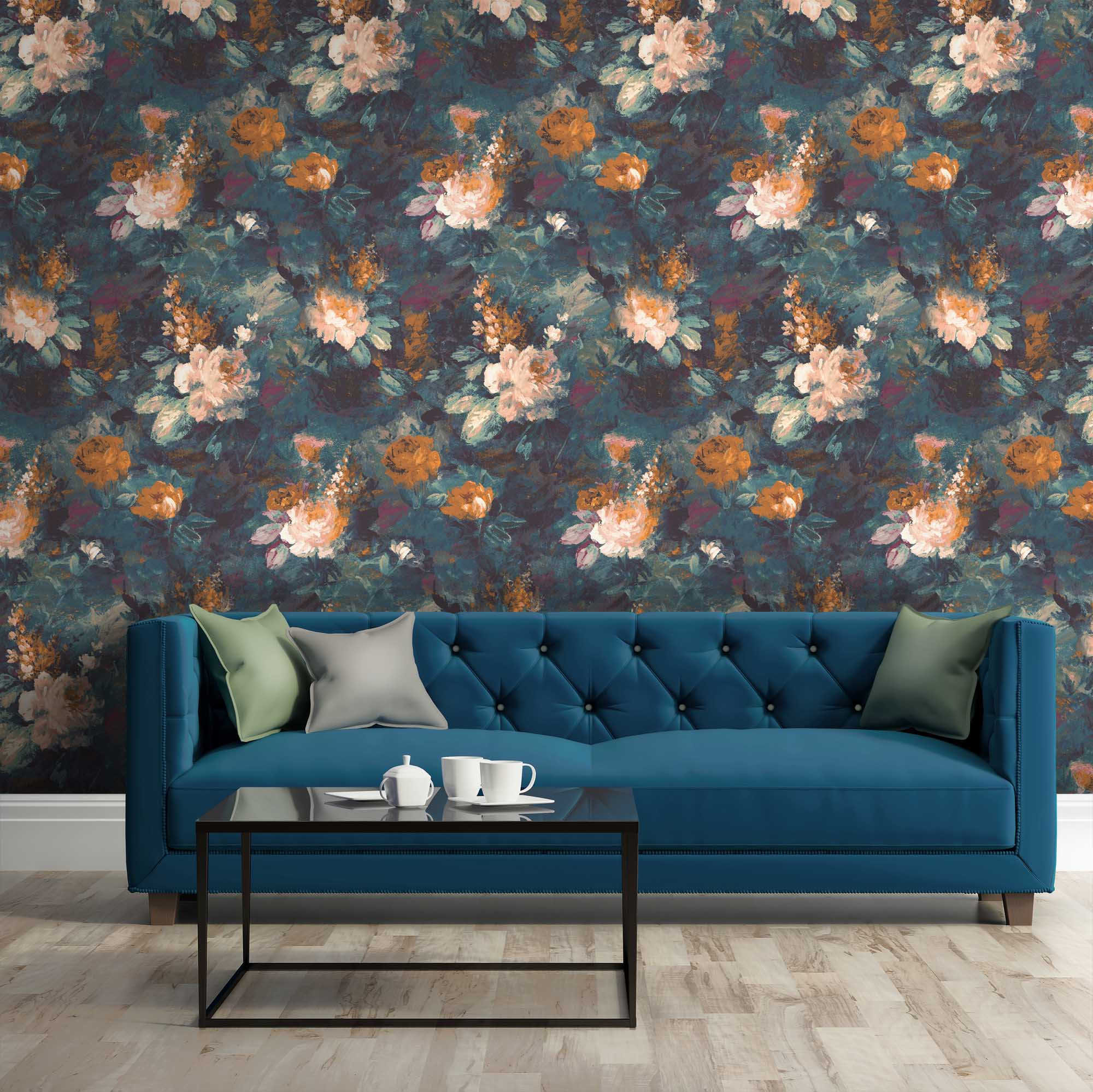 teal and orange floral wallpaper