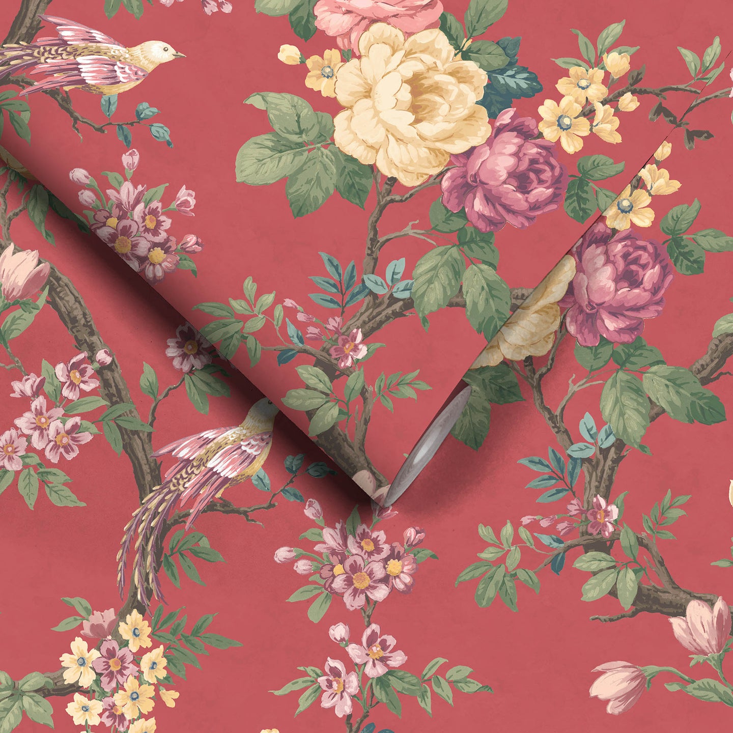 Dawn Chorus Rouge Red Wallpaper – Chinoiserie Floral, Botanical, Paste ...
