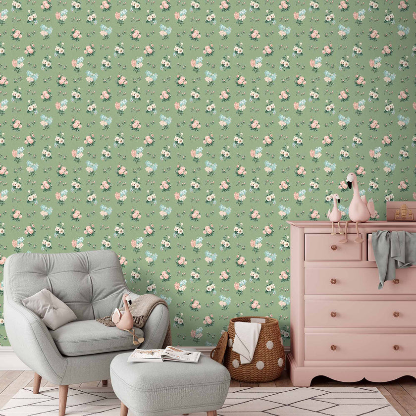 Posies in Woodland Green Wallpaper – Botanical Floral, Vintage-Inspired ...