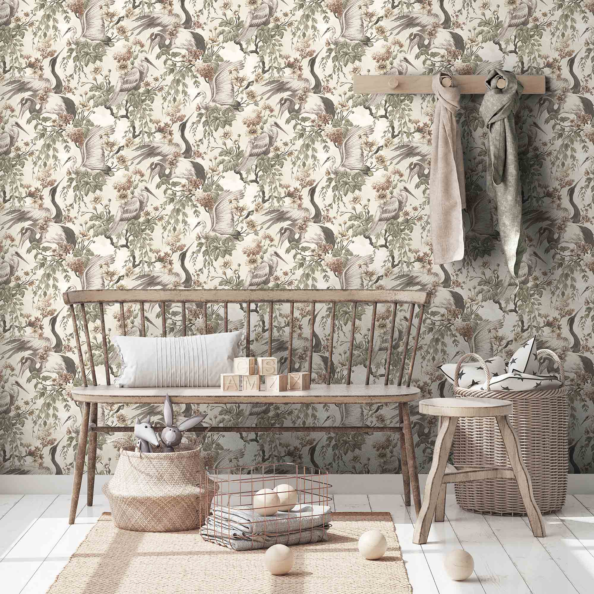 Maurice Sage Green Crane Bird Wallpaper by Woodchip & Magnolia